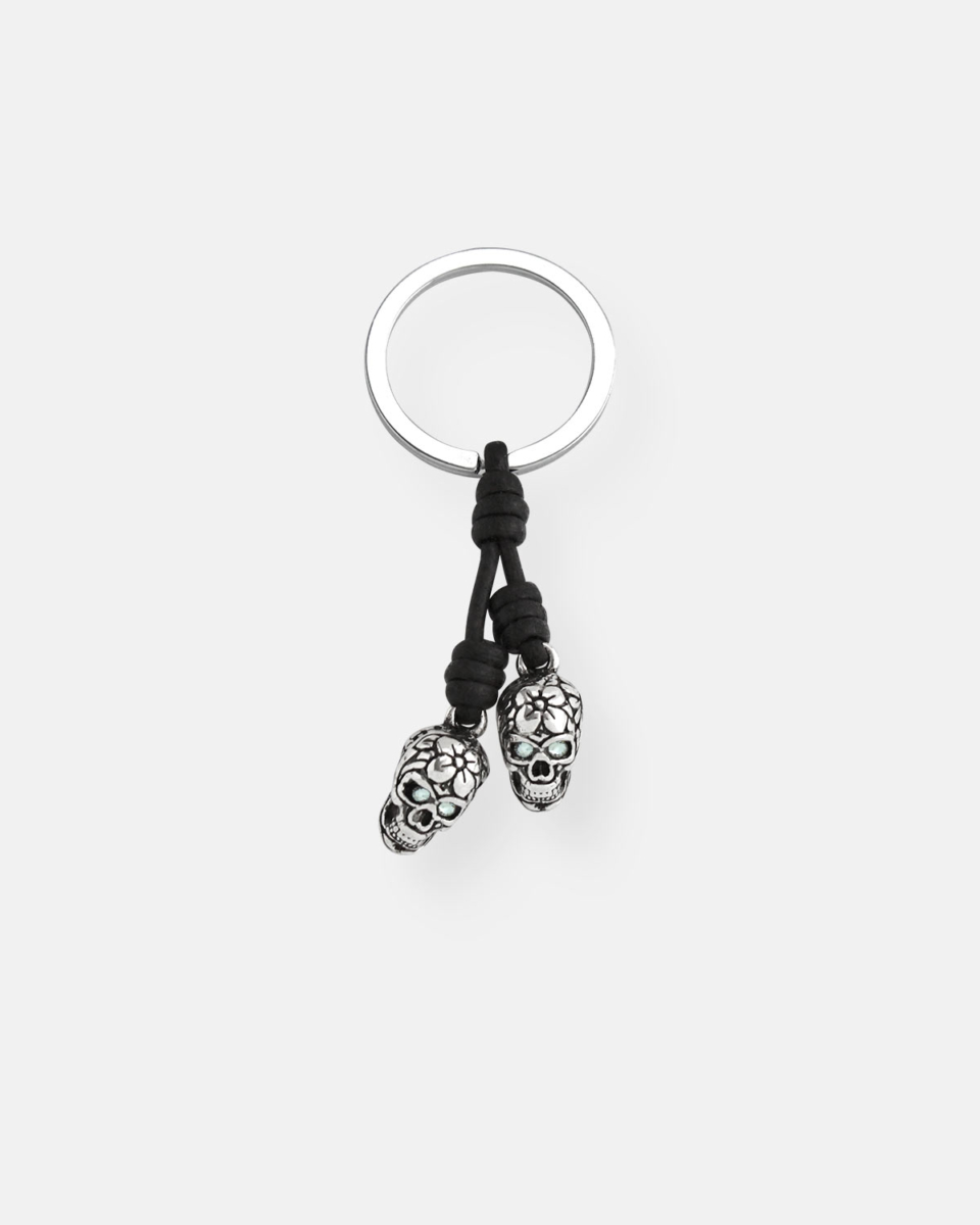 LEATHER KEYCHAIN 2 SKULLS TATTOO | Tralará Jewelry